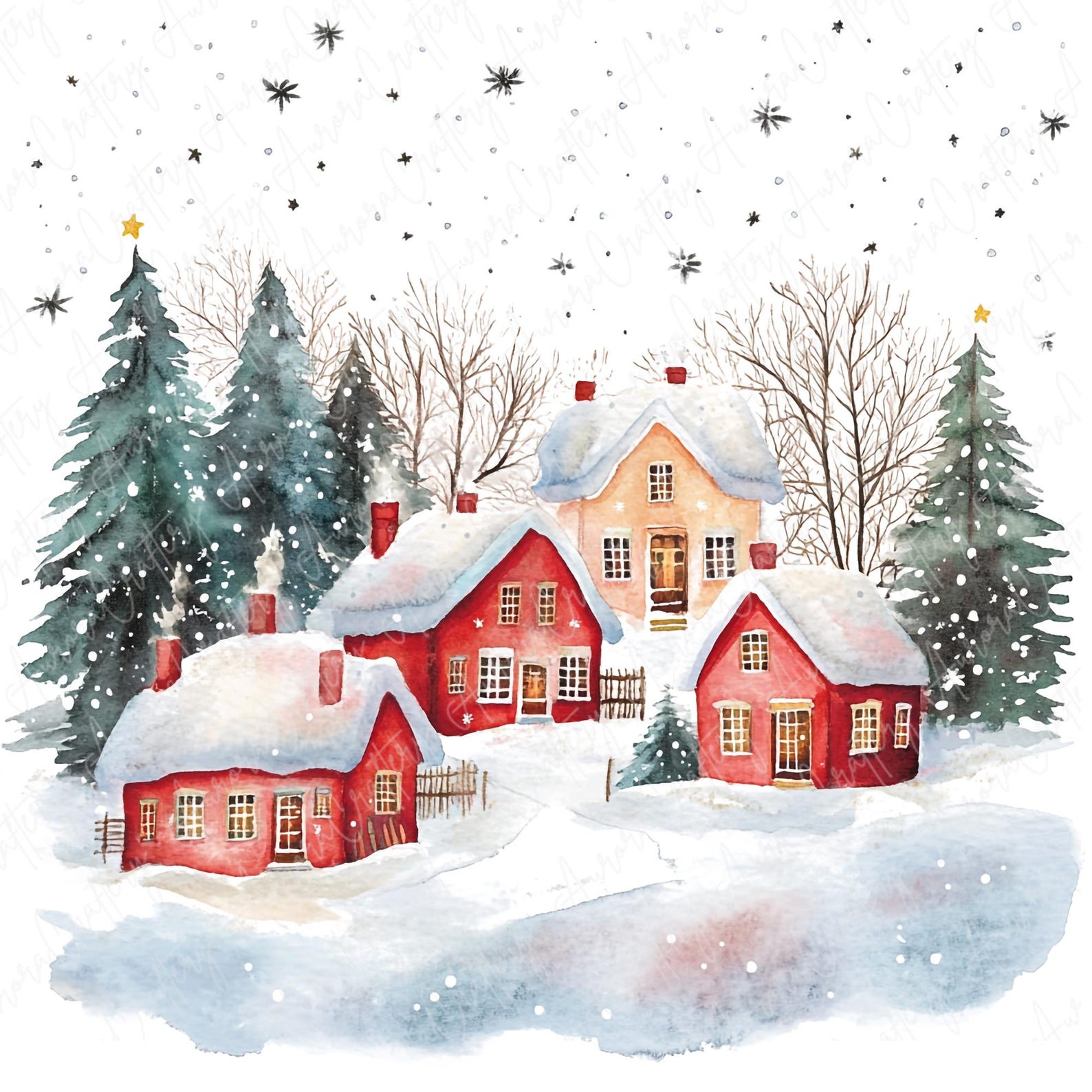 10 Watercolor Winter Village Clipart | Snowy House, Cozy Street, Trees ...
