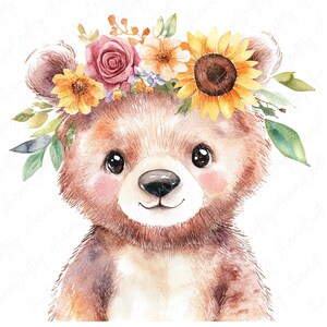 5 Watercolor Floral Bear Clipart, Cute Bears With Flower Crowns ...