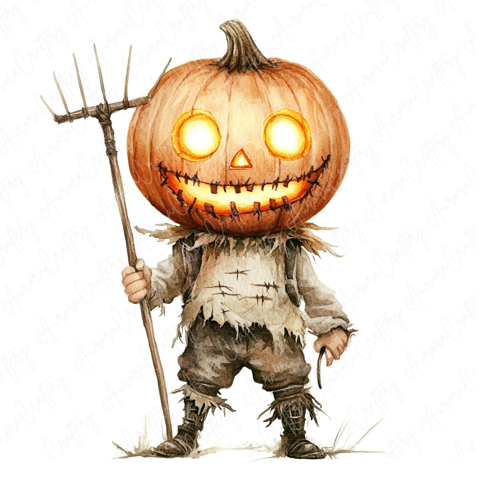 9 Spooky Pumpkin Scarecrow Clipart, Watercolor Scary Jack-o'-lantern ...