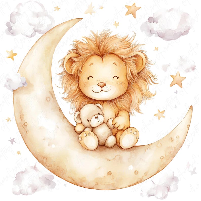 11 Sleepy Lion Nursery Clipart Cute Baby Lions on Moons and Clouds for ...