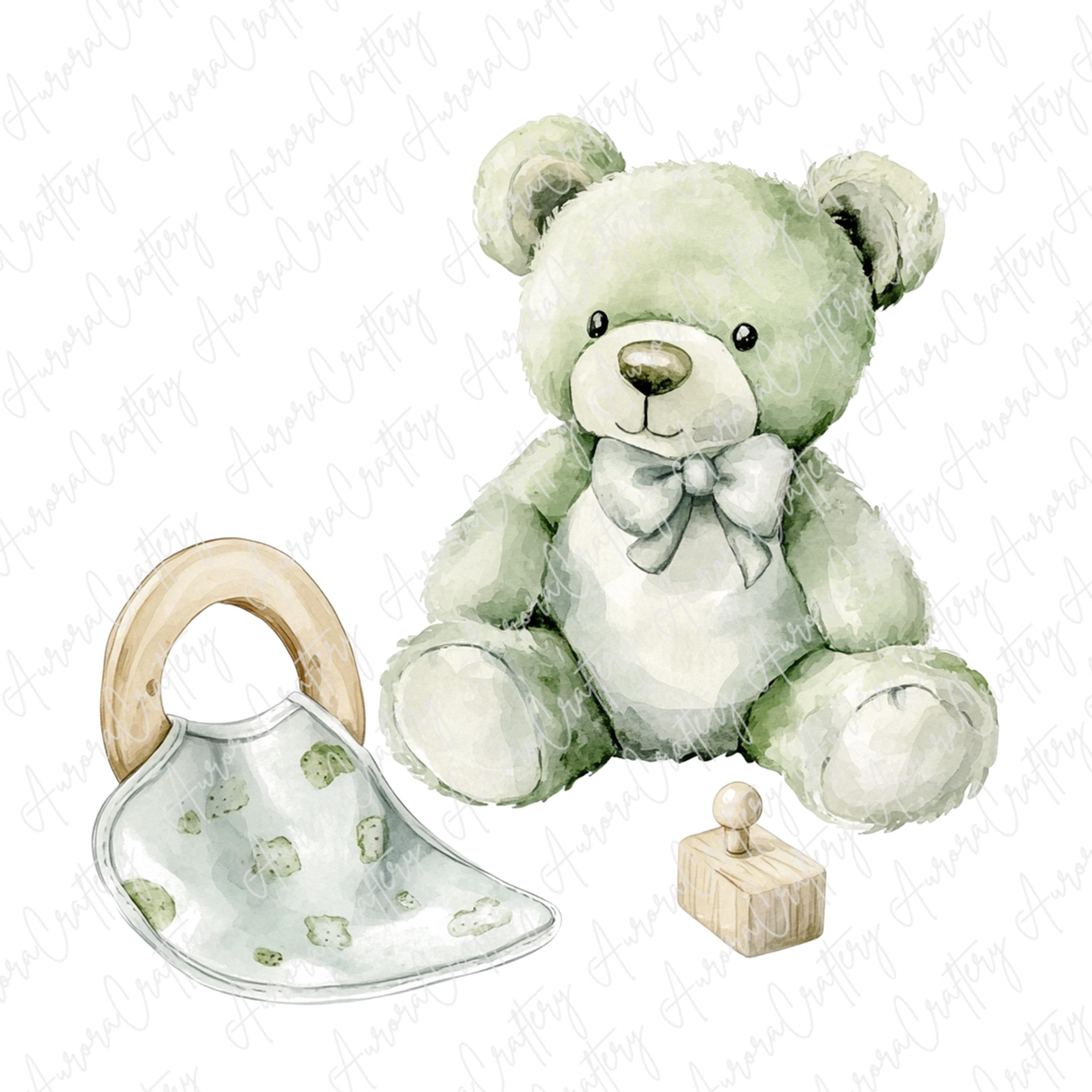 5 Watercolor Green Teddy Bear Clipart, Teddy Bear Nursery Clipart ...