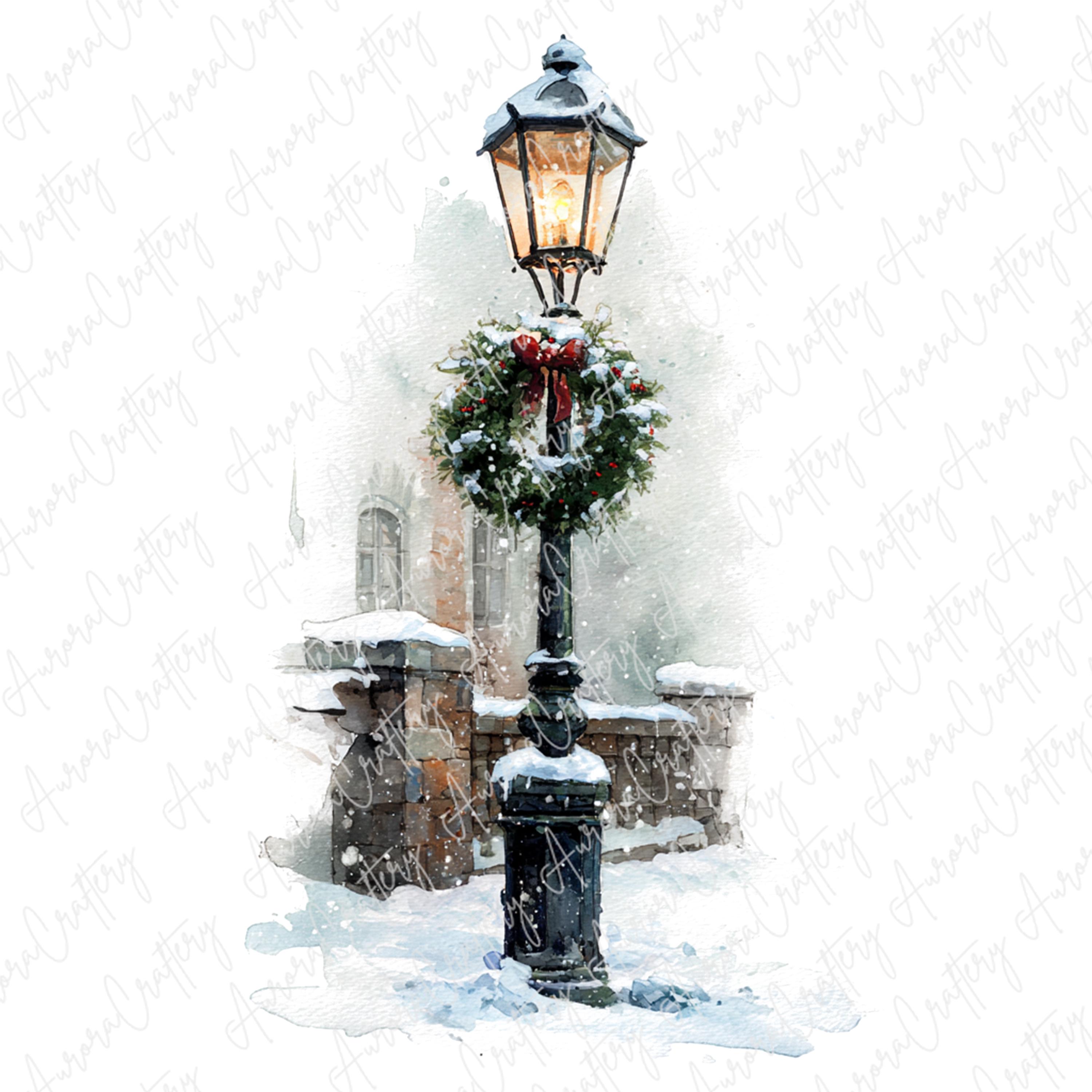 4 Watercolor Winter Street Lamp Clipart, Snowy Lamppost With Wreath ...