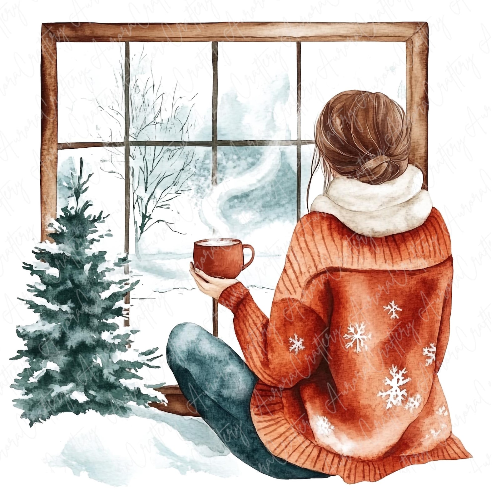 7 Watercolor Winter Window Scene Clipart, Girl by Windows With Winter ...