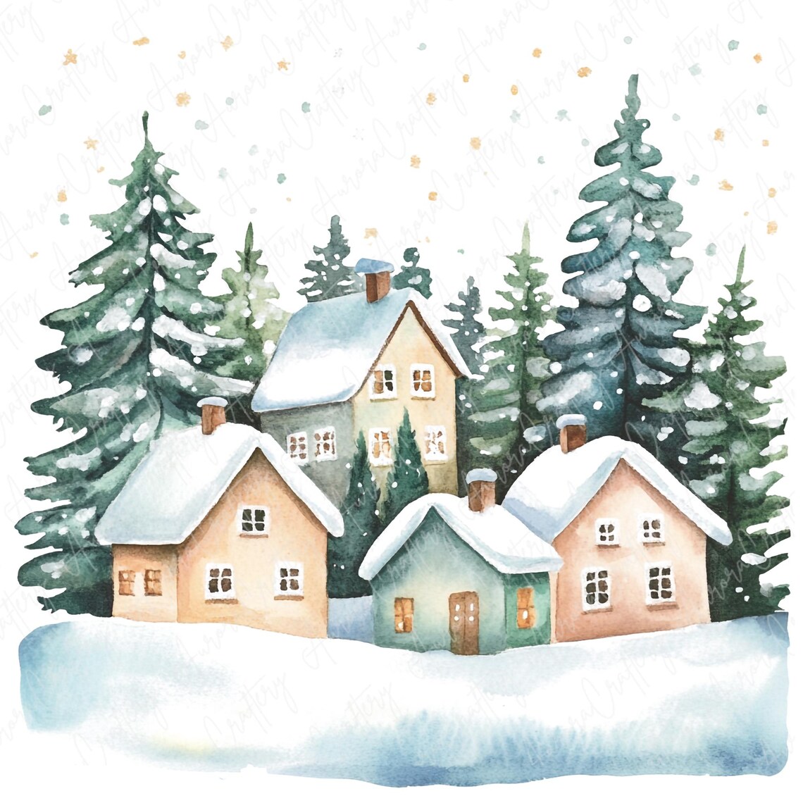 10 Watercolor Winter Village Clipart | Snowy House, Cozy Street, Trees ...