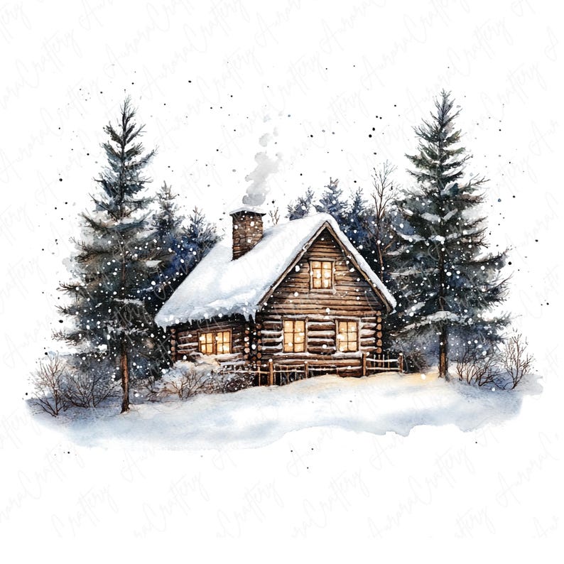 10 Watercolor Winter Cabin Clipart, Snowy Forest Cottages With Pine ...