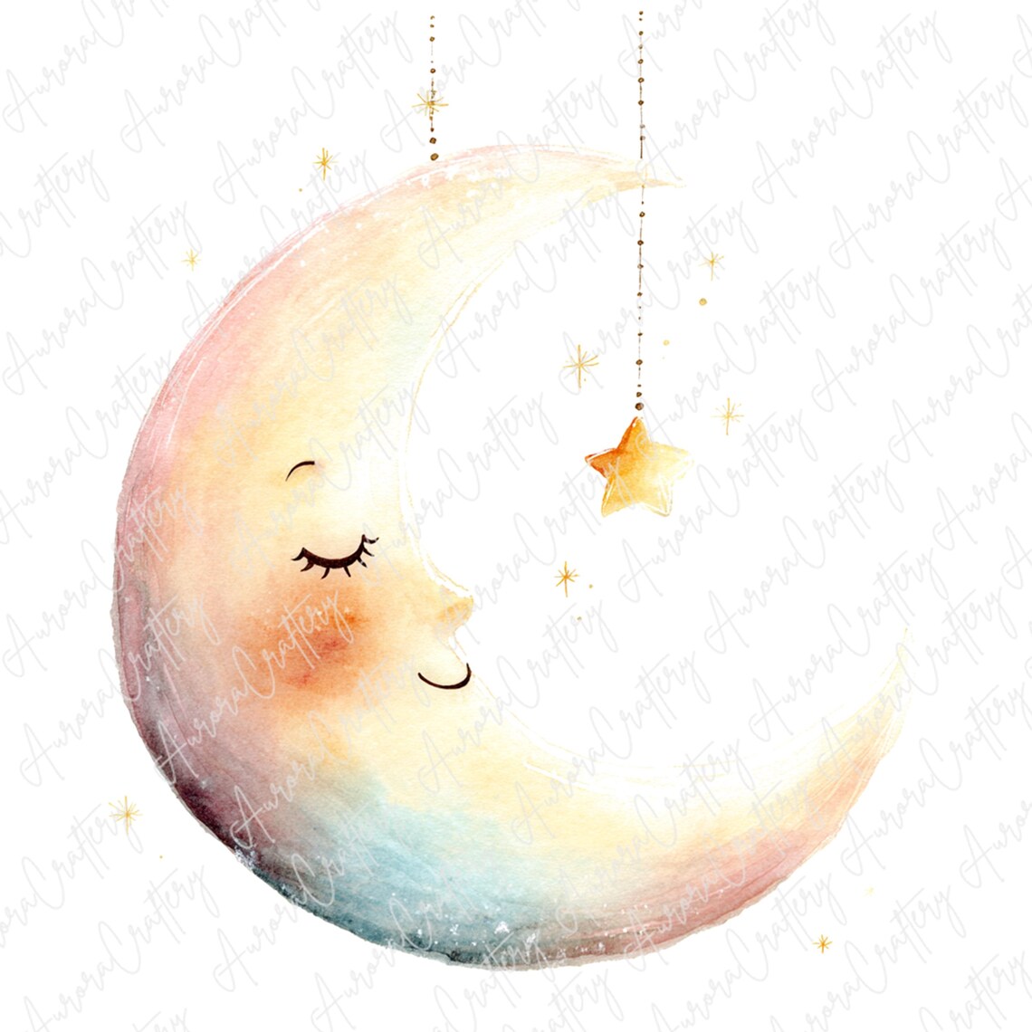8 Watercolor Moon and Star Clipart, Cute Crescent Moon, Sleepy Nursery ...