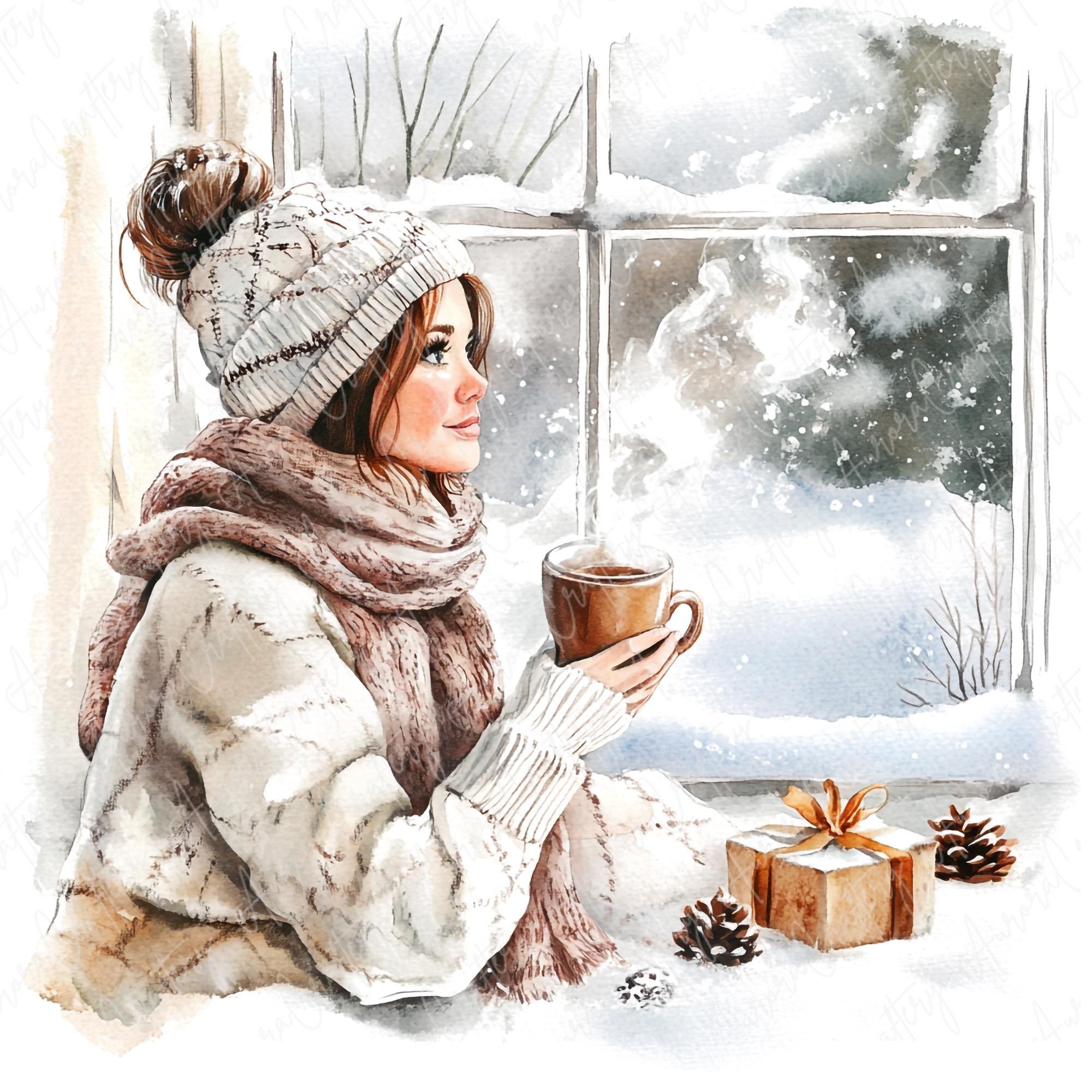 7 Watercolor Winter Window Scene Clipart, Girl by Windows With Winter ...