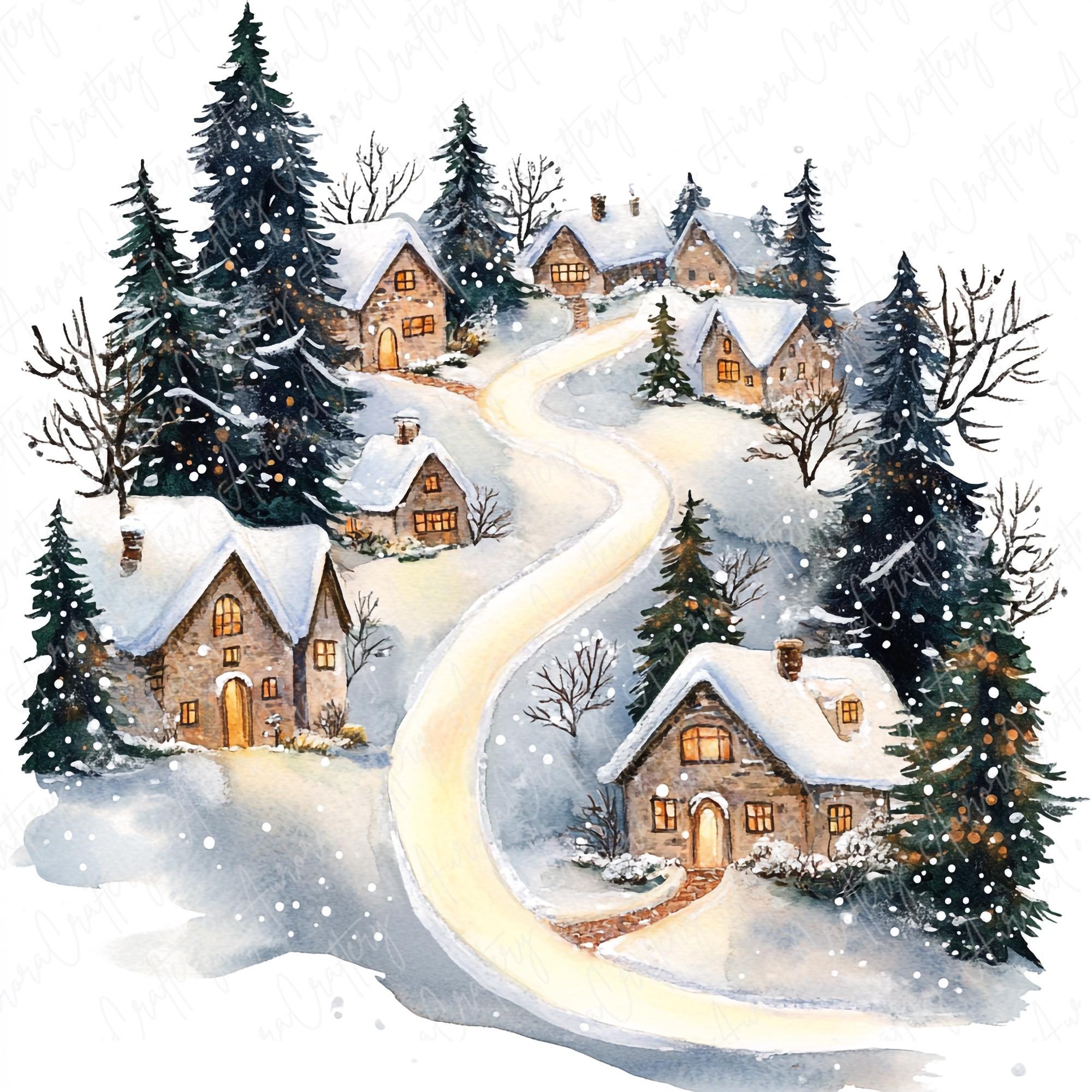 10 Watercolor Winter Village Clipart | Snowy House, Cozy Street, Trees ...