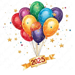 6 Watercolor New Year 2025 Balloon Clipart, Festive Balloon Bouquet ...