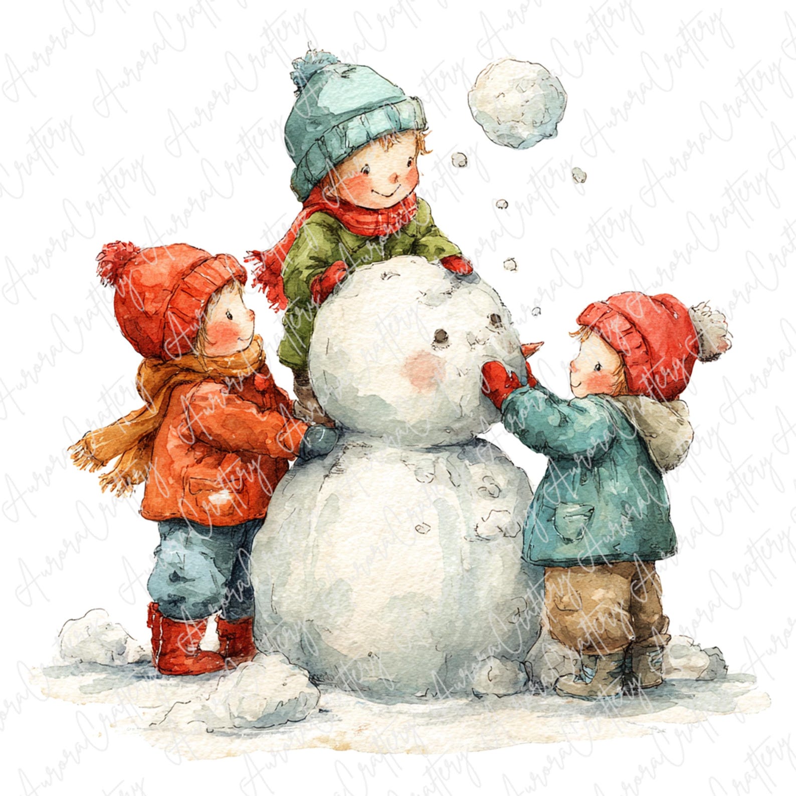 8 Watercolor Building Snowman Clipart , Kids in Winter Clothes JPG ...