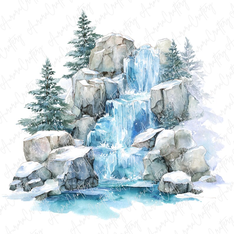 8 Watercolor Frozen Waterfall Clipart, Snowy Mountain Scene With Pines ...