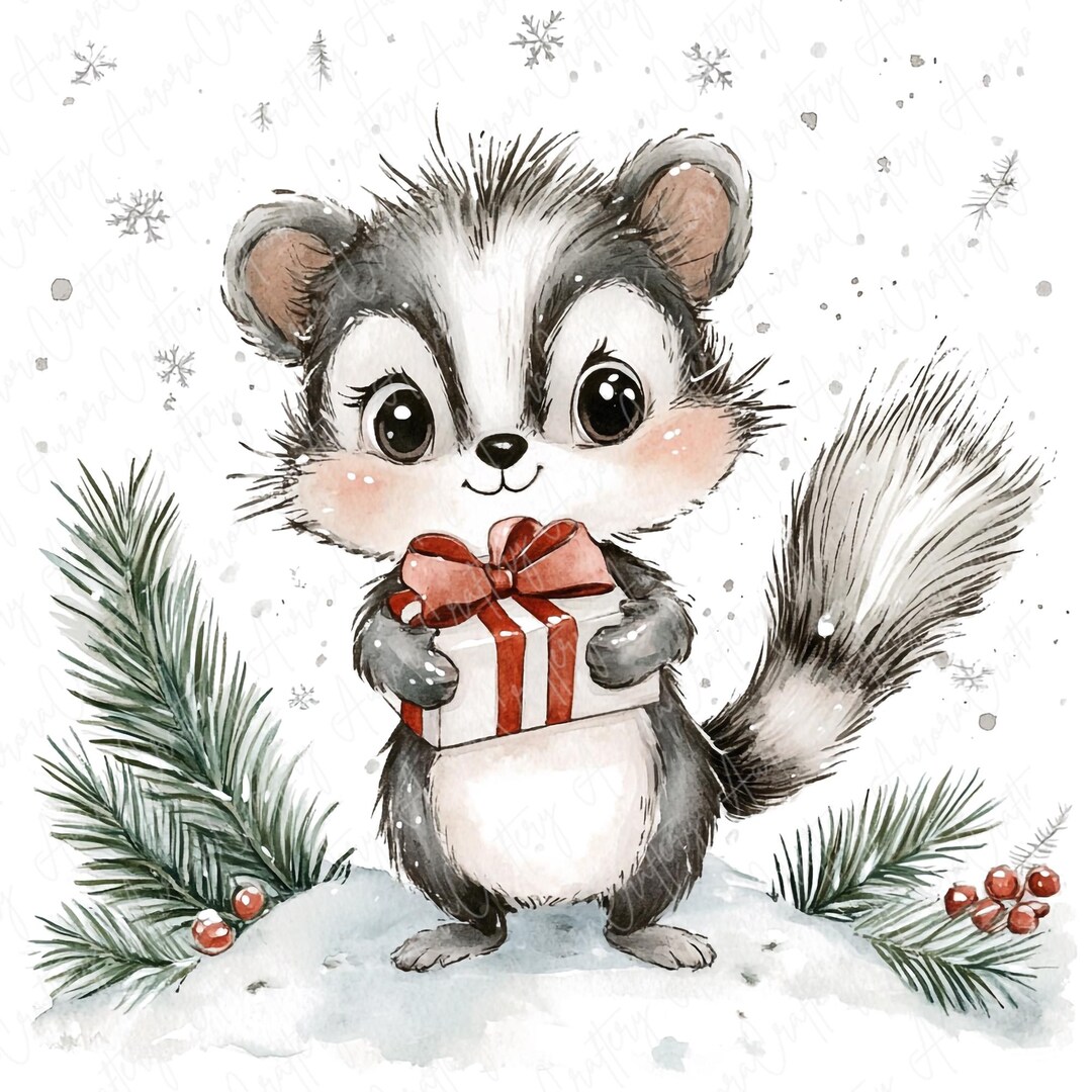 7 Watercolor Festive Skunk Clipart, Cute Skunk With Winter Gift Clipart ...