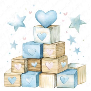 15 Baby Building Blocks Watercolor Clipart, Blue and Wooden Blocks ...