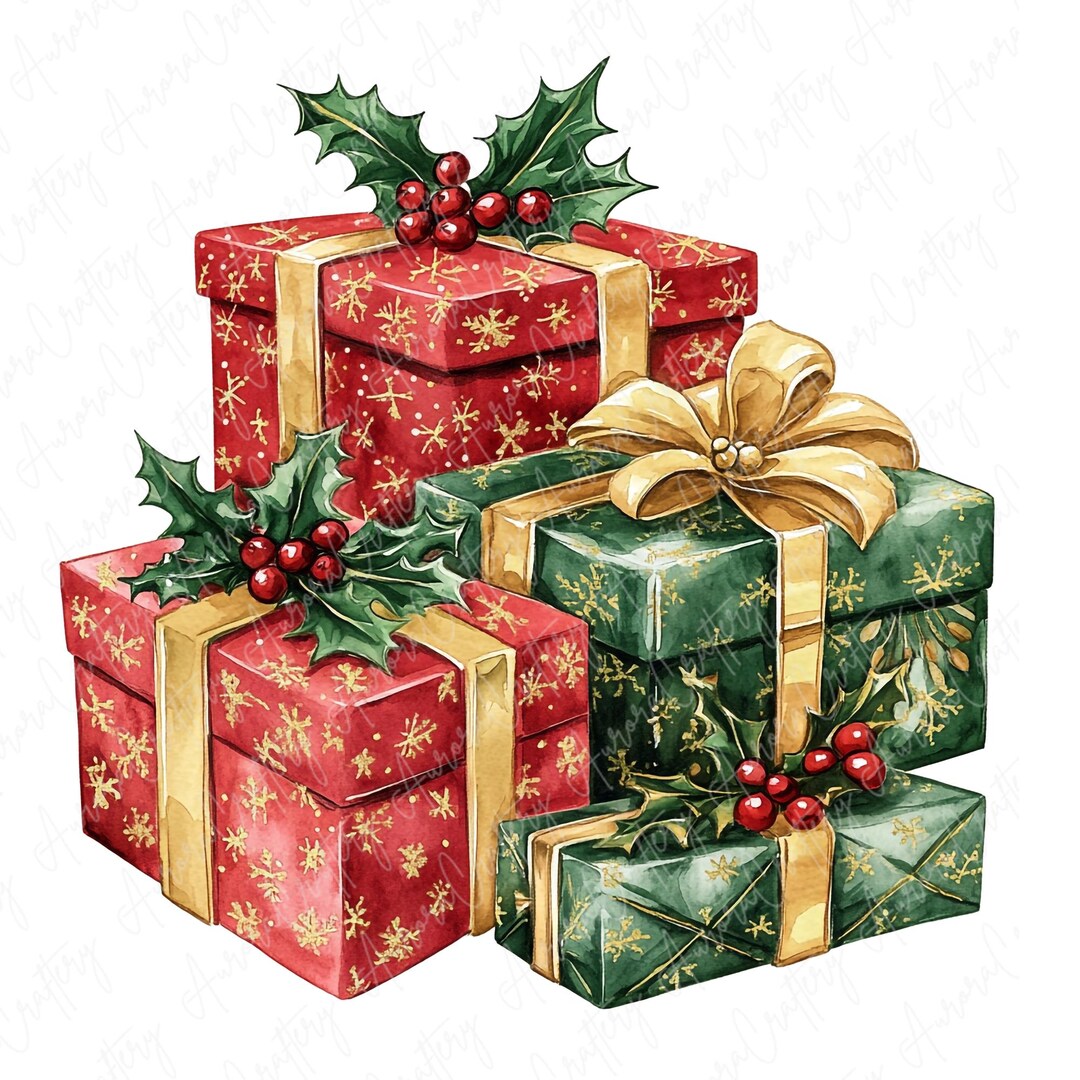 8 Watercolor Winter Gift Box Clipart, Festive Present Clipart, Red ...