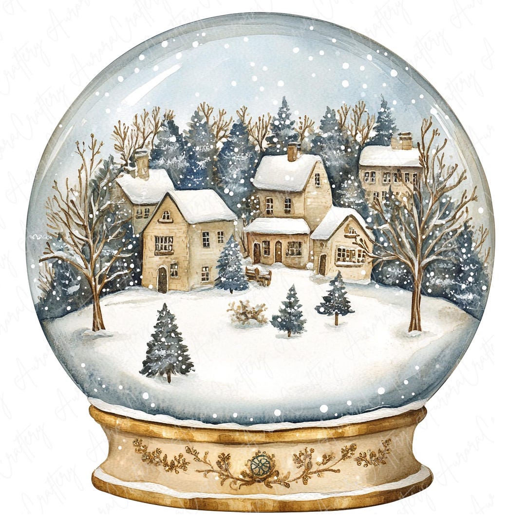 7 Watercolor Winter Snow Globe Clipart, Festive Winter Village Clipart ...