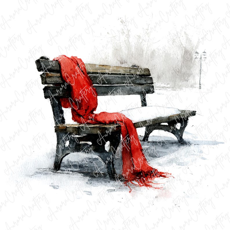 8 Watercolor Winter Bench Clipart, Snowy Park Benches With Red Scarf ...