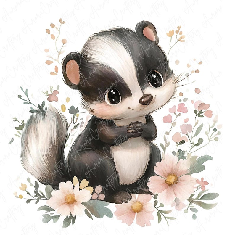 14 Watercolor Skunk Clipart, Floral Skunk Nursery Clipart, Woodland ...