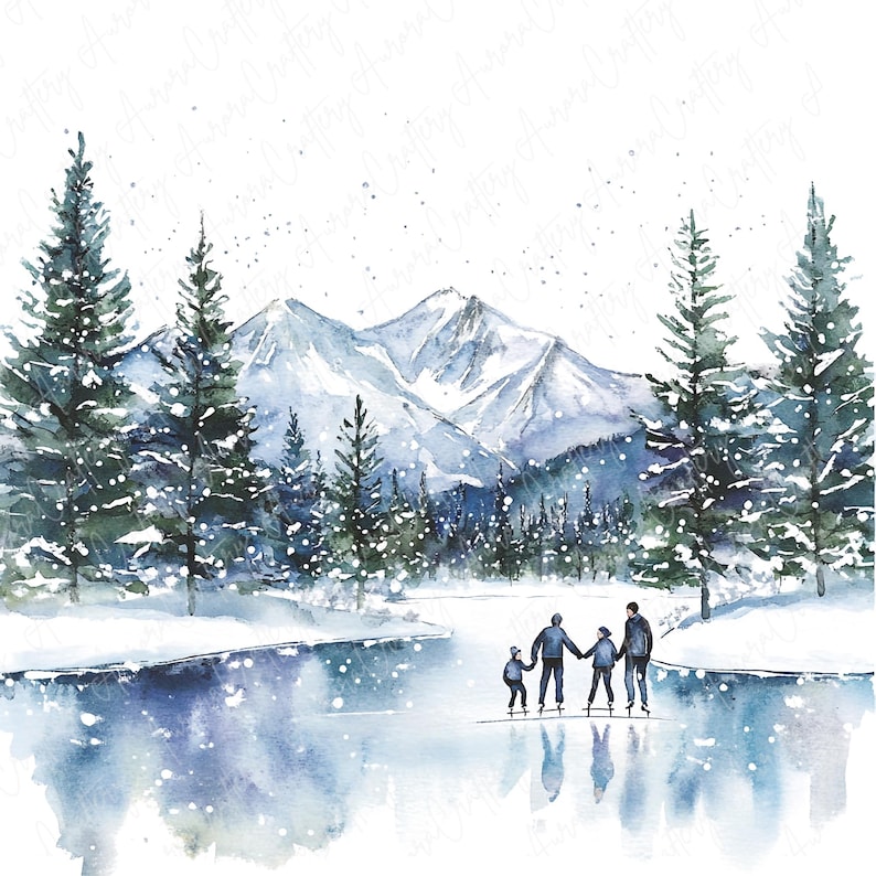 8 Watercolor Ice Skating Clipart, Snowy Mountain, Frozen Lake Winter ...