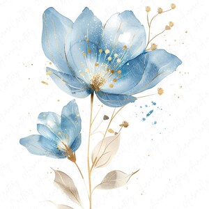 13 Abstract Blue Watercolor Floral Clipart Bundle, Soft Blue & Gold ...