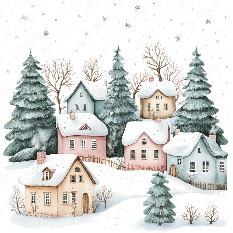 10 Watercolor Winter Village Clipart | Snowy House, Cozy Street, Trees ...