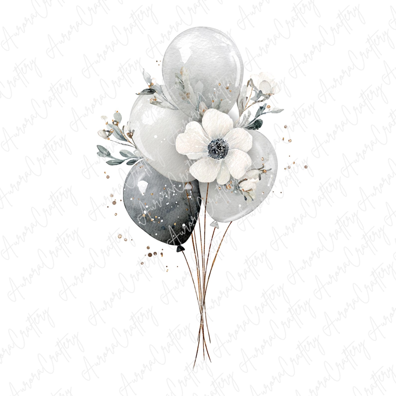10 Watercolor Silver Balloon Clipart JPG, White and Gray Balloon ...