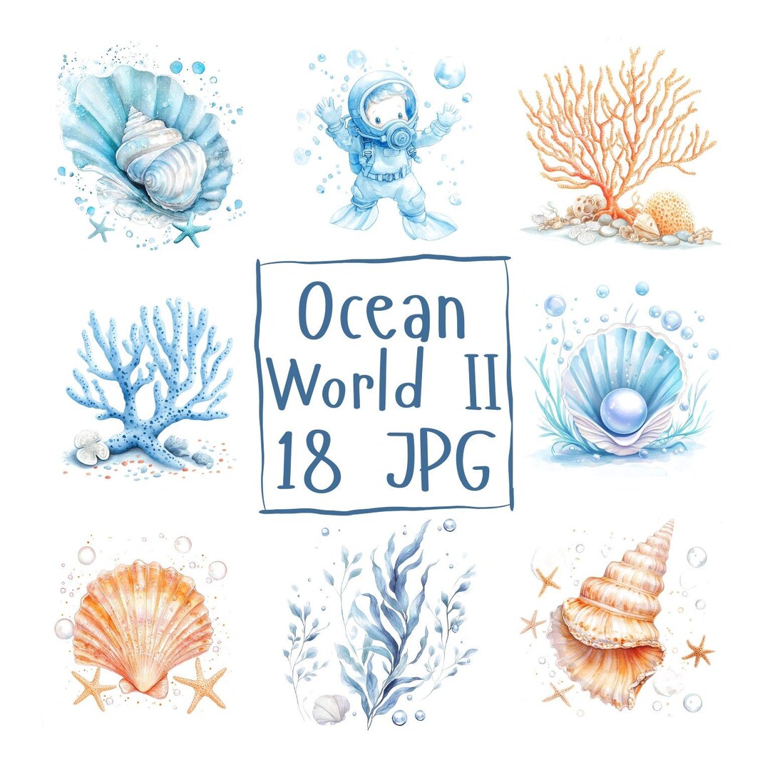 18 Watercolor Ocean World Clipart, Coral Reef, Seashell, Sealife ...
