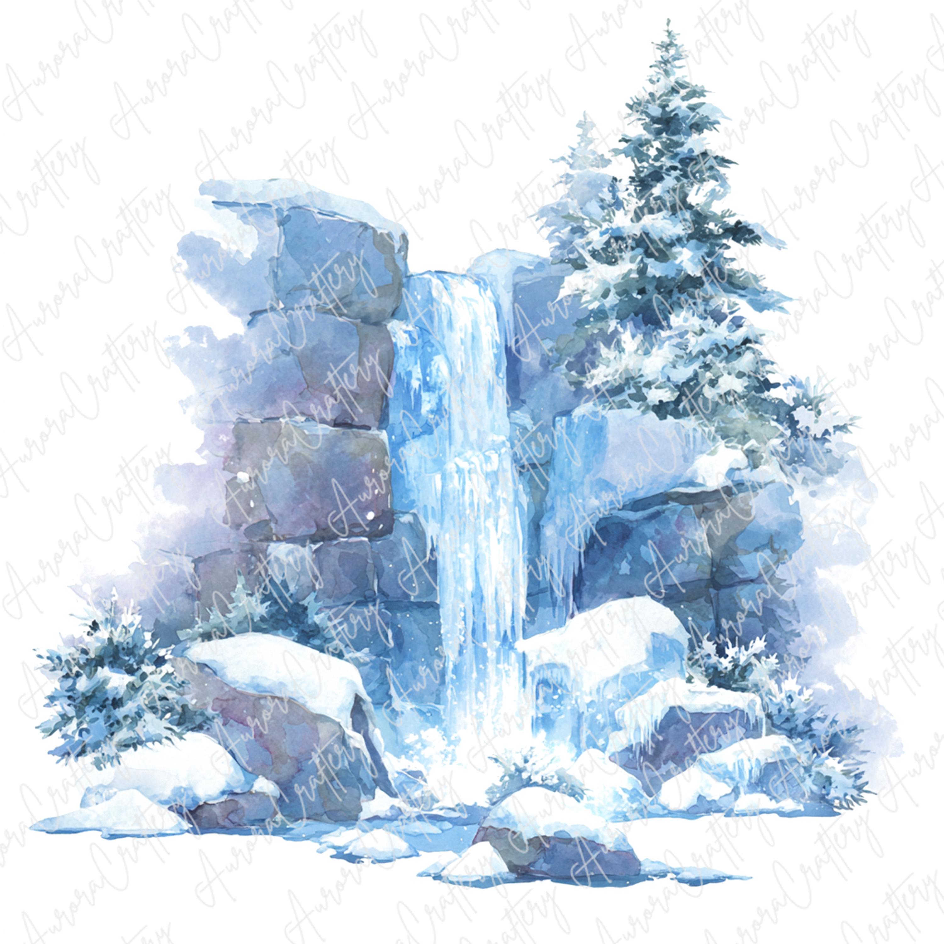 8 Watercolor Frozen Waterfall Clipart, Snowy Mountain Scene With Pines ...