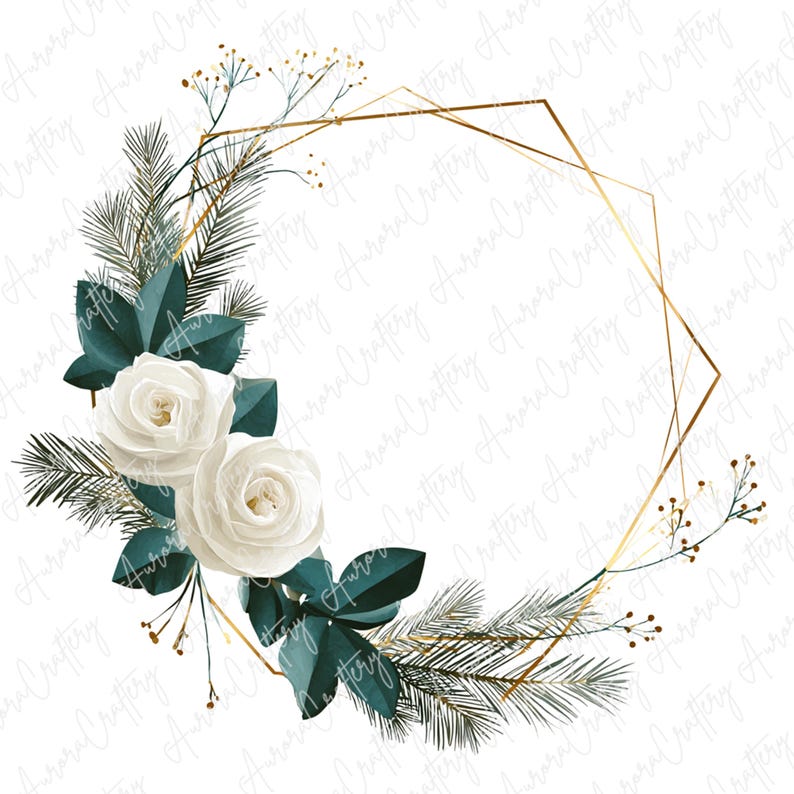 8 Watercolor Geometric Frame Clipart , Gold Wreath With White Roses ...