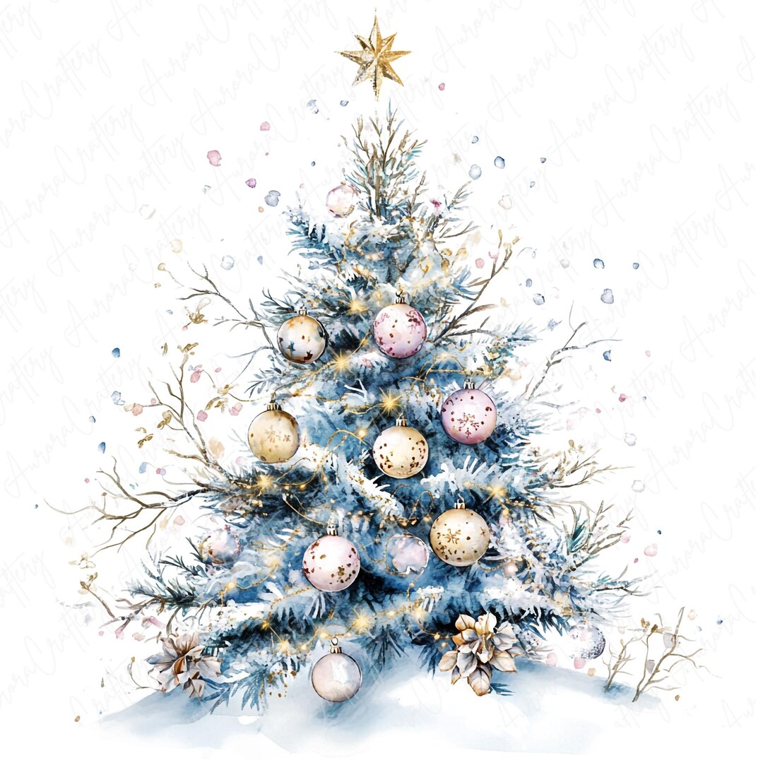 8 Watercolor Festive Trees Clipart, Glittery Winter Tree Clipart ...