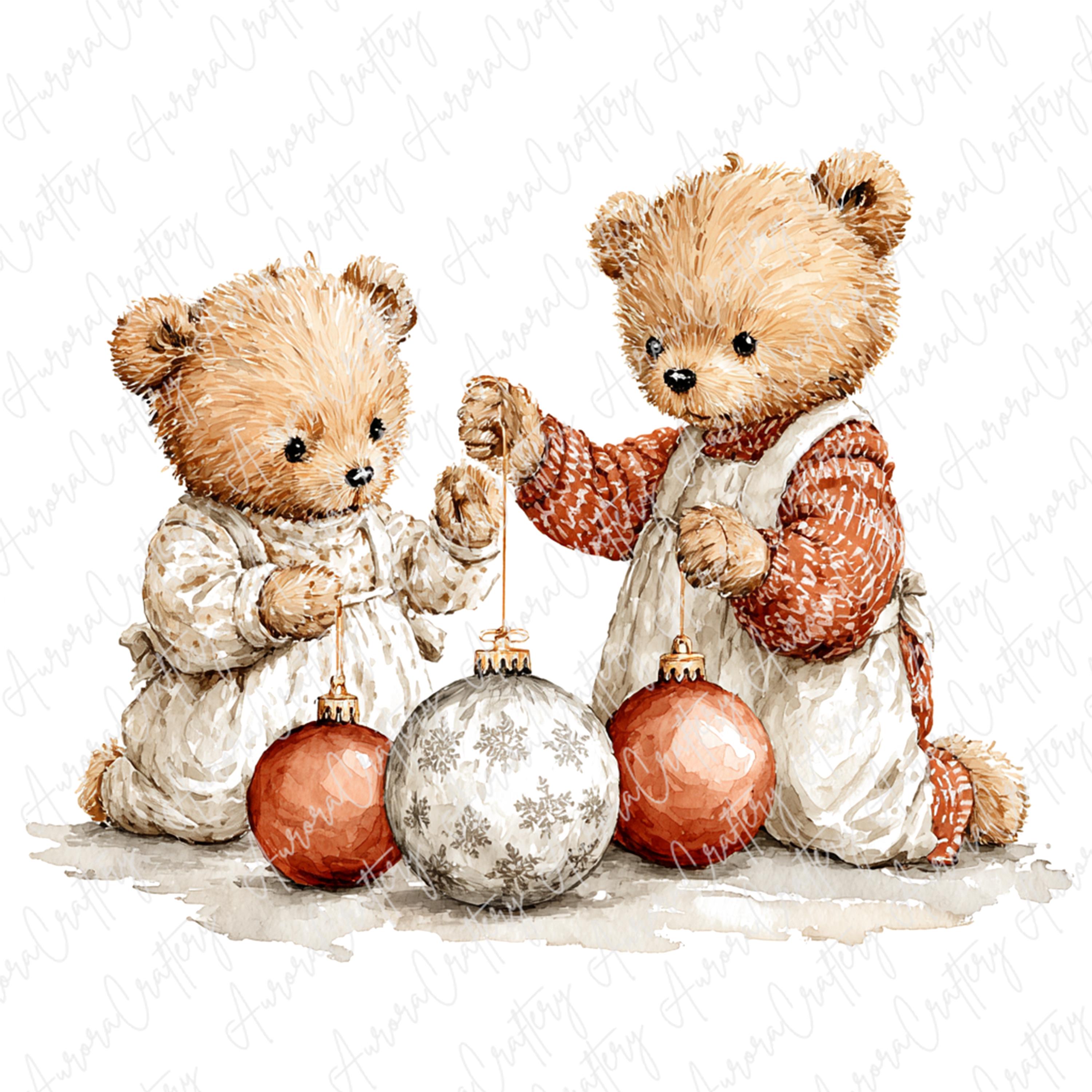 4 Watercolor Teddy Bear Clipart, Cozy Bears With Ornaments in Winter ...