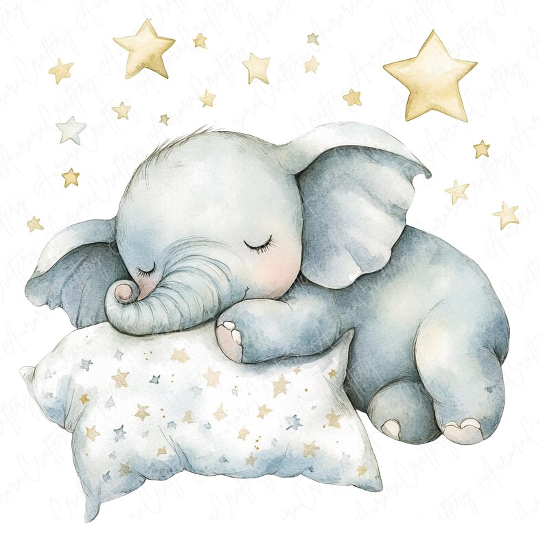 6 Watercolor Sleepy Baby Elephant Clipart | Nursery Clipart Baby Shower ...