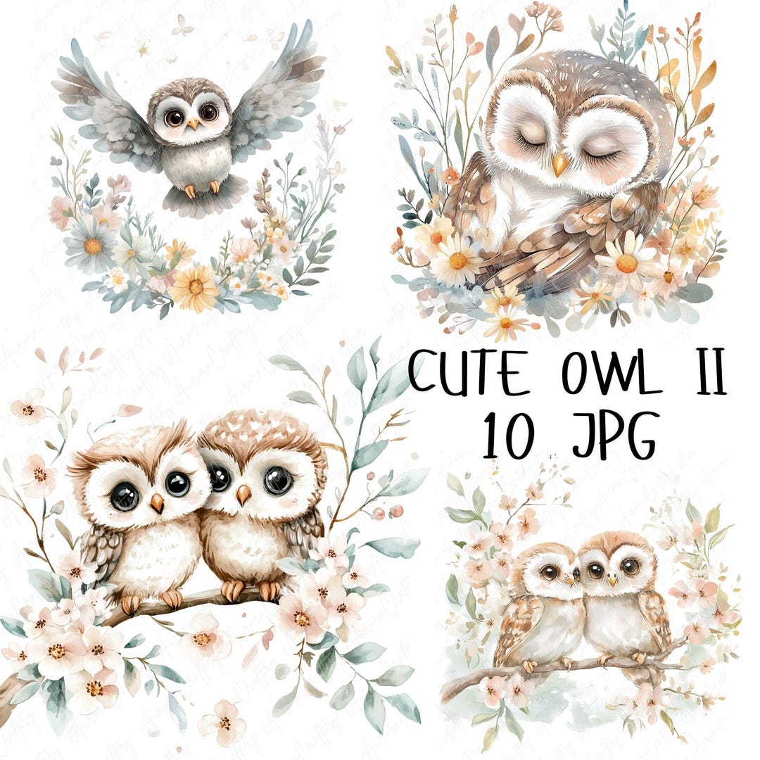 10 Watercolor Owl Clipart, Cute Owl Woodland Clipart, Woodland Owl and ...