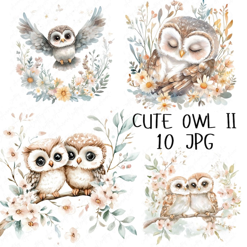 10 Watercolor Owl Clipart, Cute Owl Woodland Clipart, Woodland Owl and ...