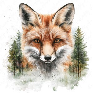 15 Watercolor Fox in Forest Clipart, Forest Fox Clipart, Majestic Fox ...