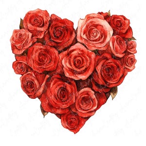 10 Watercolor Rose Heart Clipart, Vibrant Red Roses in Heart Shapes ...