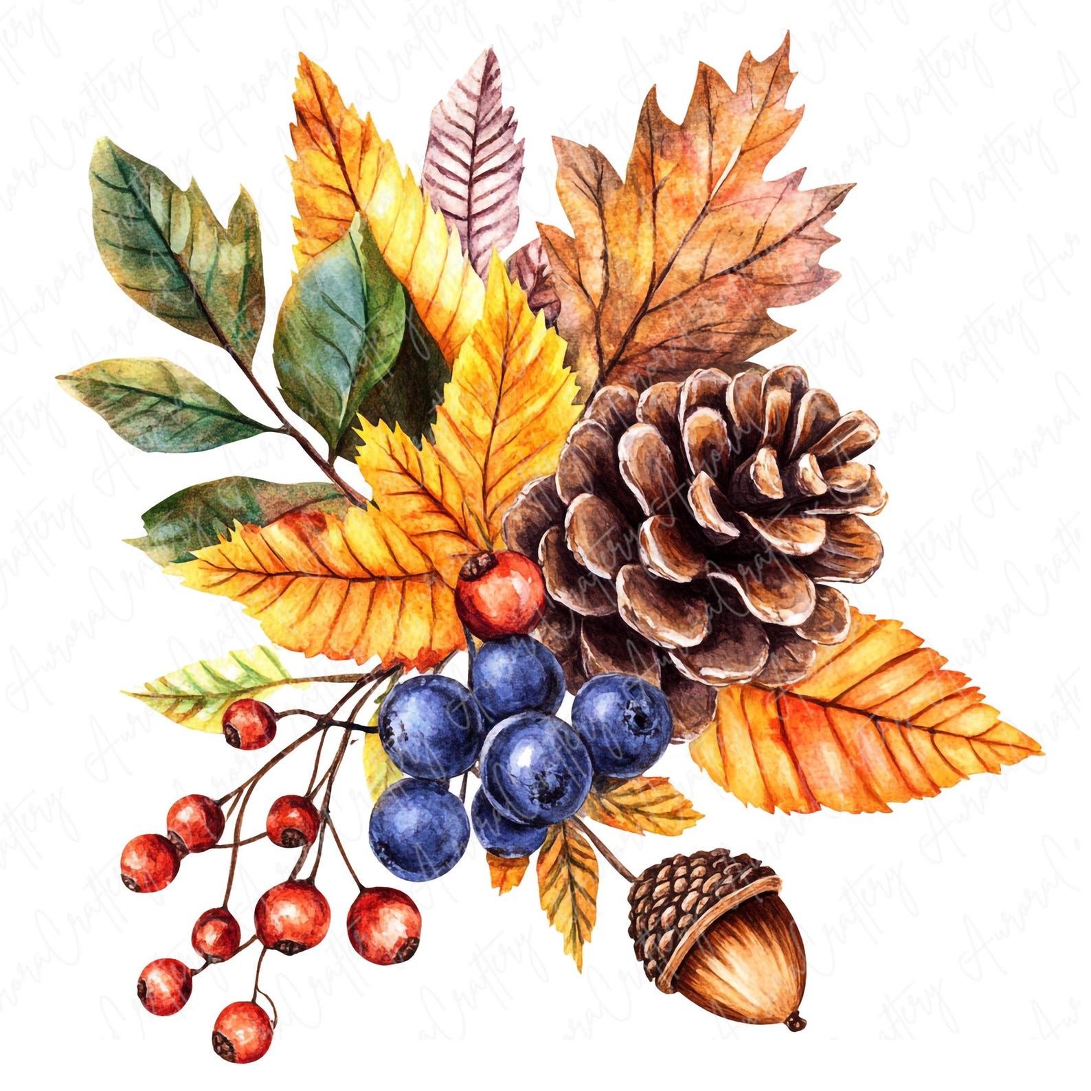 8 Watercolor Fall Leaves and Acorn Bouquet Clipart, Autumn Foliage ...