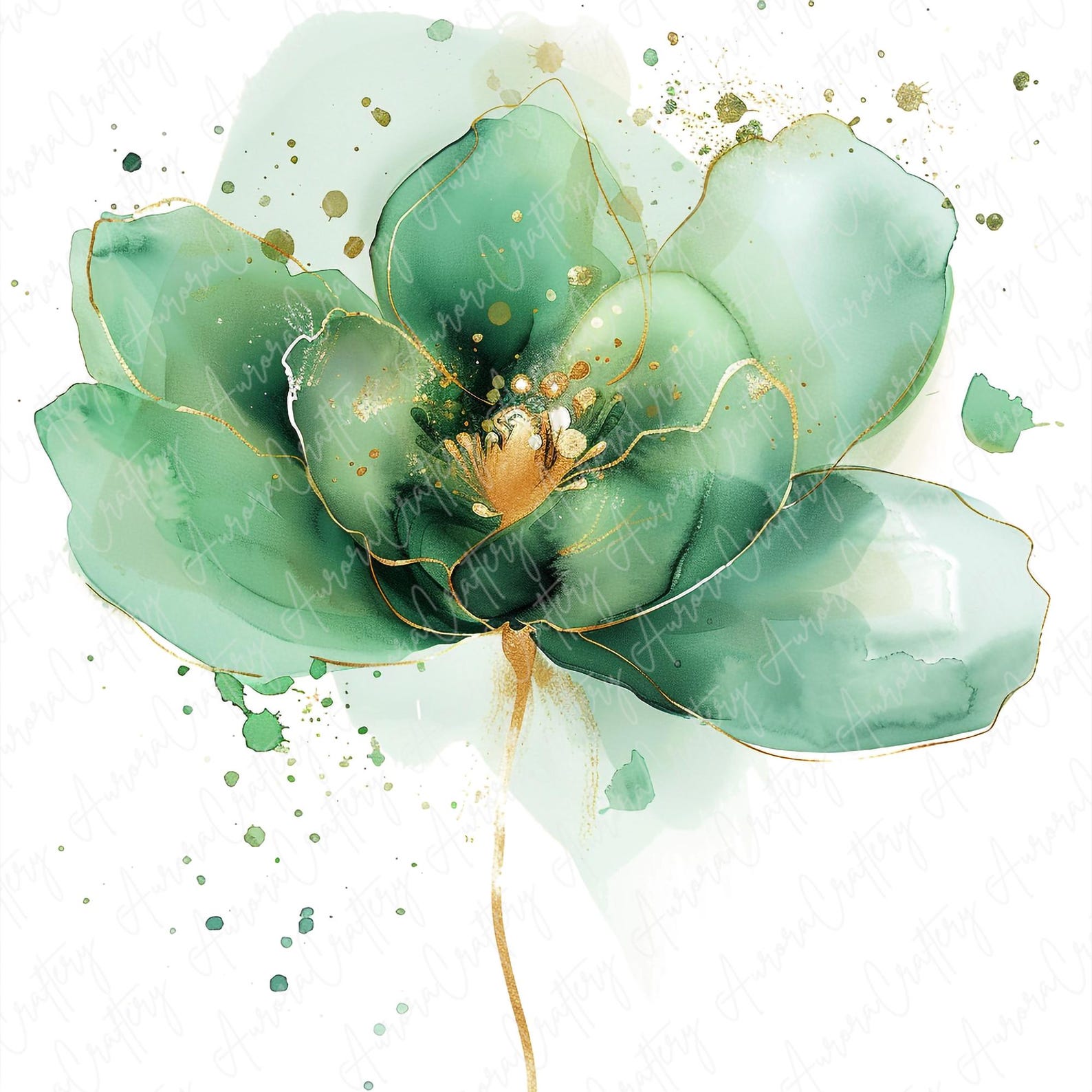 16 Abstract Green Watercolor Floral Clipart Bundle, Mint Green & Gold ...