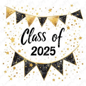 7 Class of 2025 Graduation Banner Clipart, Black and Gold Watercolor ...