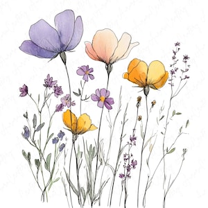 10 Ink Wildflowers Watercolor Clipart, Botanical Flower Clipart Prints ...