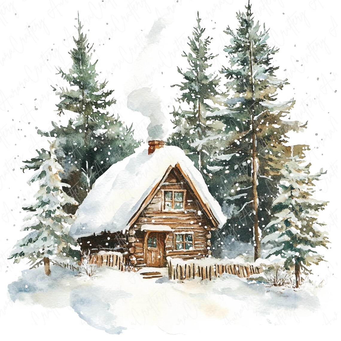 10 Watercolor Winter Cabin Clipart, Snowy Forest Cottages With Pine ...