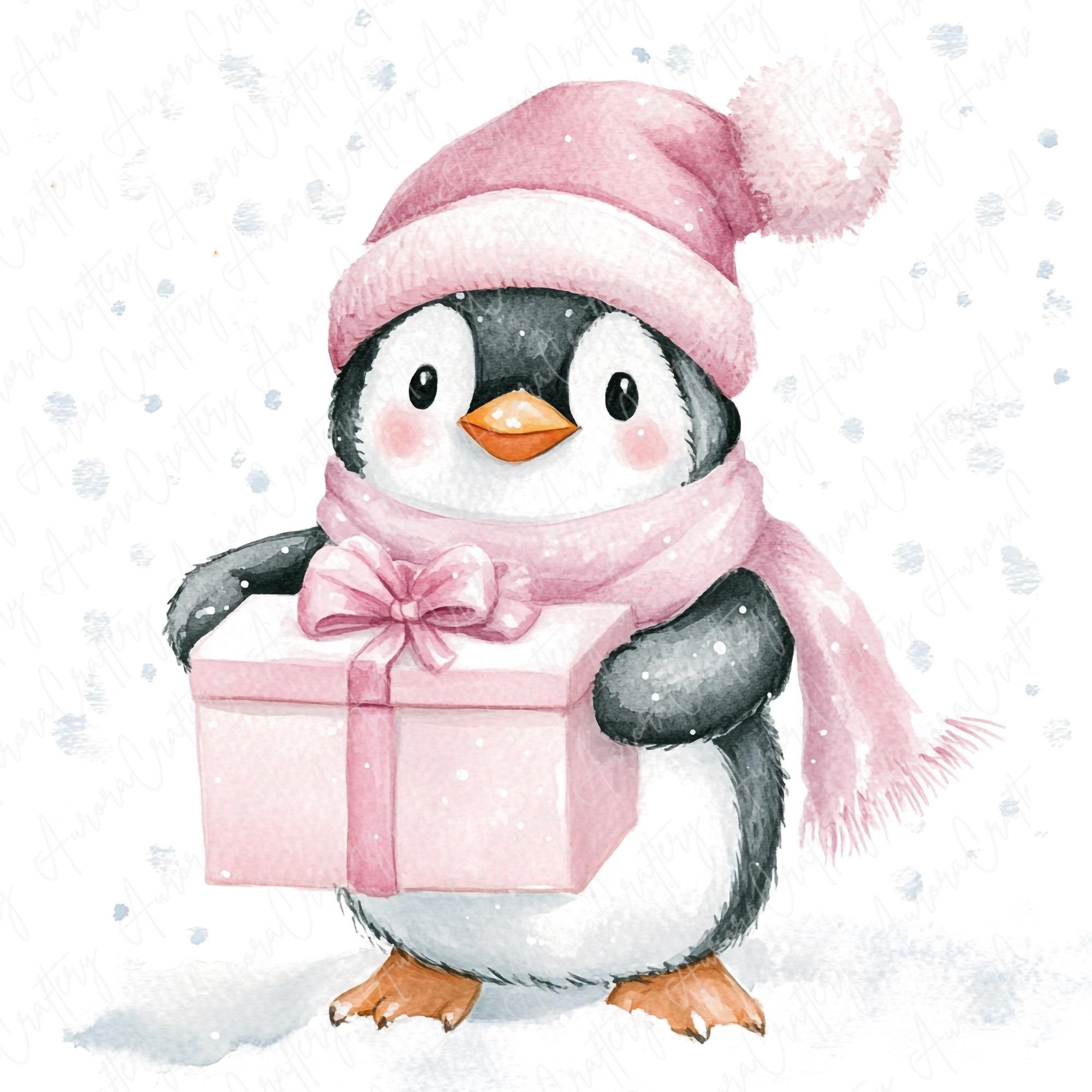 5 Festive Winter Penguin Clipart, Cute Penguins Holding Gifts, Pink ...