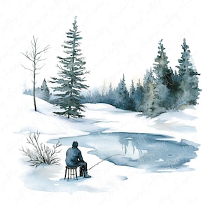 8 Watercolor Ice Fishing Clipart, Winter Landscape Clipart, Fisherman ...