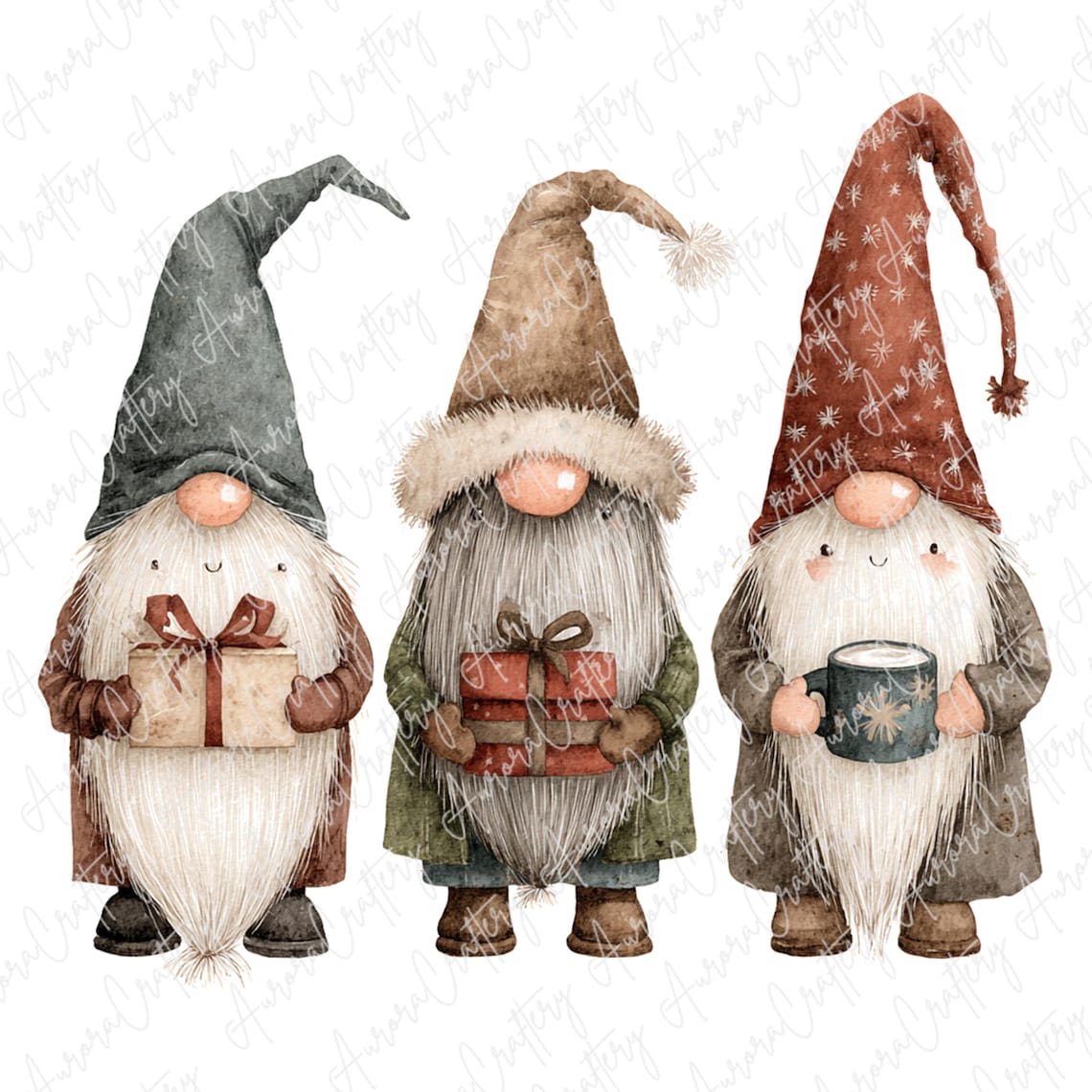 7 Watercolor Winter Gnomes Clipart Set, Festive Gnomes With Gifts JPG ...