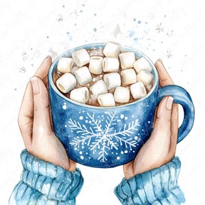 7 Watercolor Winter Marshmallow Cocoa Mugs, Cozy Chocolate Drink ...