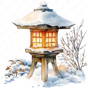 9 Watercolor Snow Lantern Clipart, Festive Japanese Lantern With Snow ...