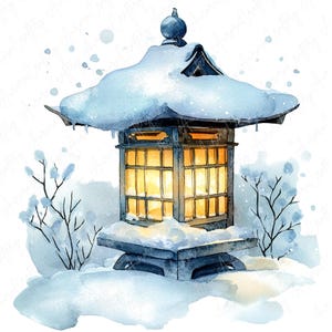 9 Watercolor Snow Lantern Clipart, Festive Japanese Lantern With Snow ...
