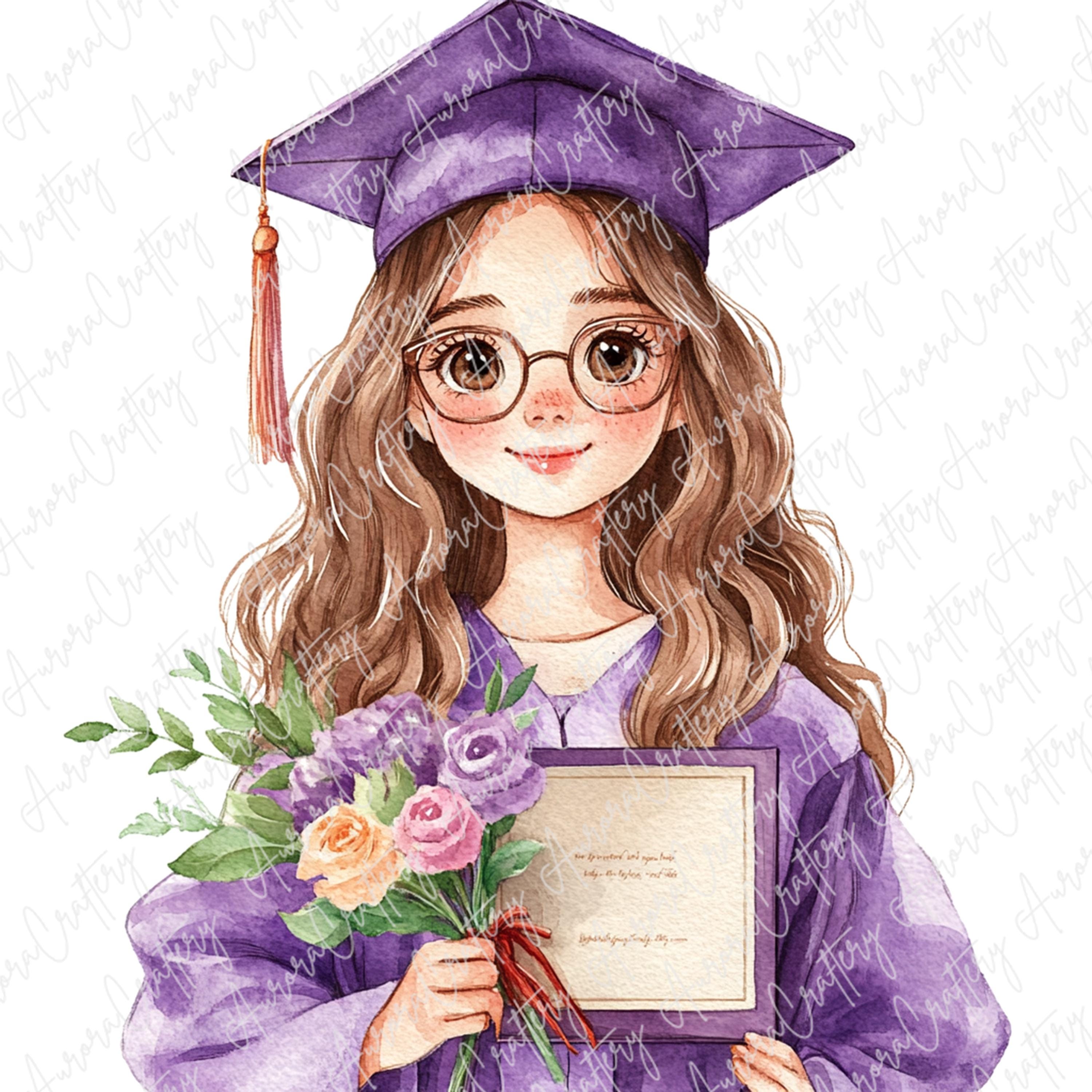 5 Girls in Purple Graduation Gowns, Watercolor Graduation Girl Clipart ...