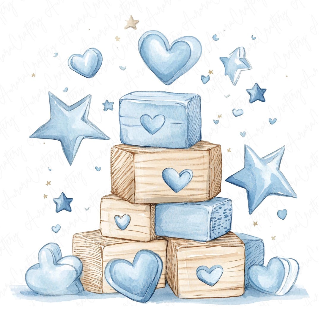 15 Baby Building Blocks Watercolor Clipart, Blue and Wooden Blocks ...
