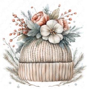 8 Festive Winter Hat Clipart, Floral Cozy Hats for Winter Craft ...