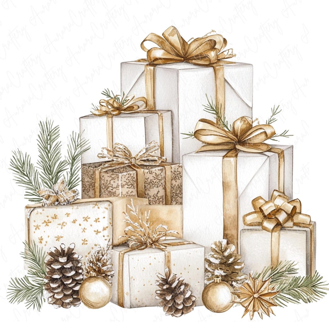 6 Festive Gifts Clipart, Gold Festive Presents Clipart, Winter Clipart ...